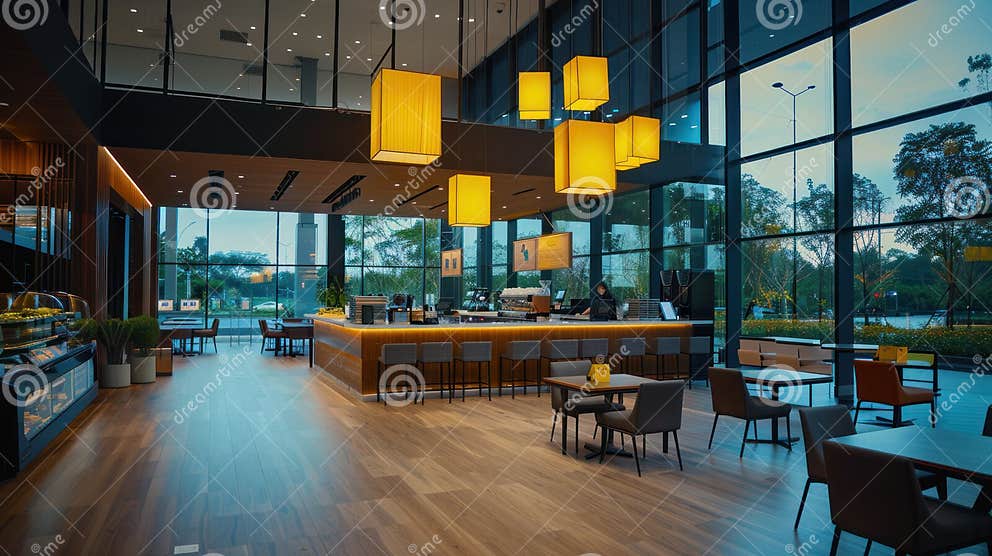 Coffee Time: Panoramic View of Modern Cafe Interior with Table and ...