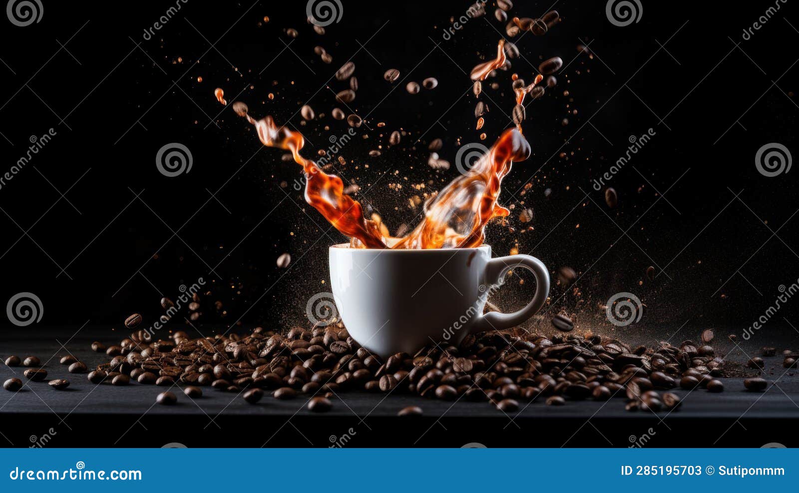 Coffee To Go Fragrant Drink Splashes with Falling Down Coffee Beans and ...