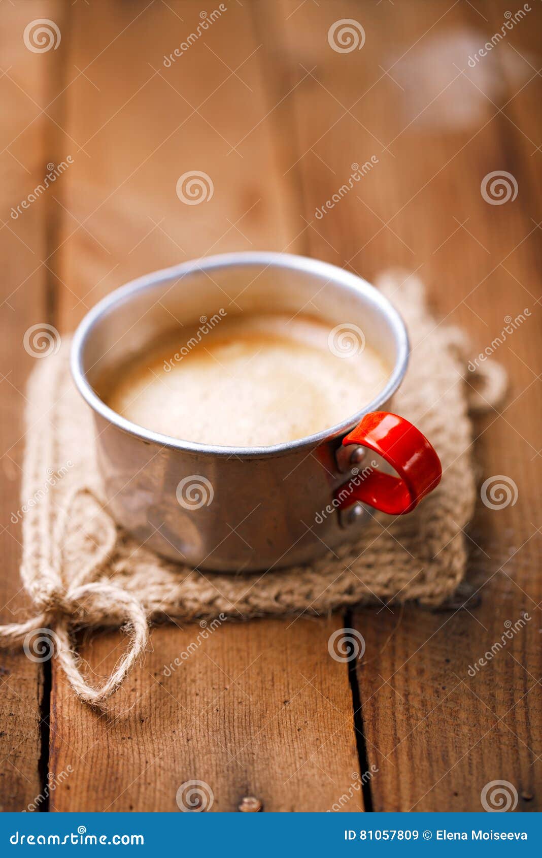 Coffee in Unusual Vintage Tin Mug with Red Handle Stock Image - Image ...
