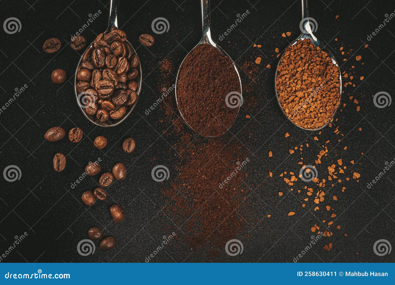 Coffee Variation - Powdered, Instant Coffee and Beans in Spoons Stock ...