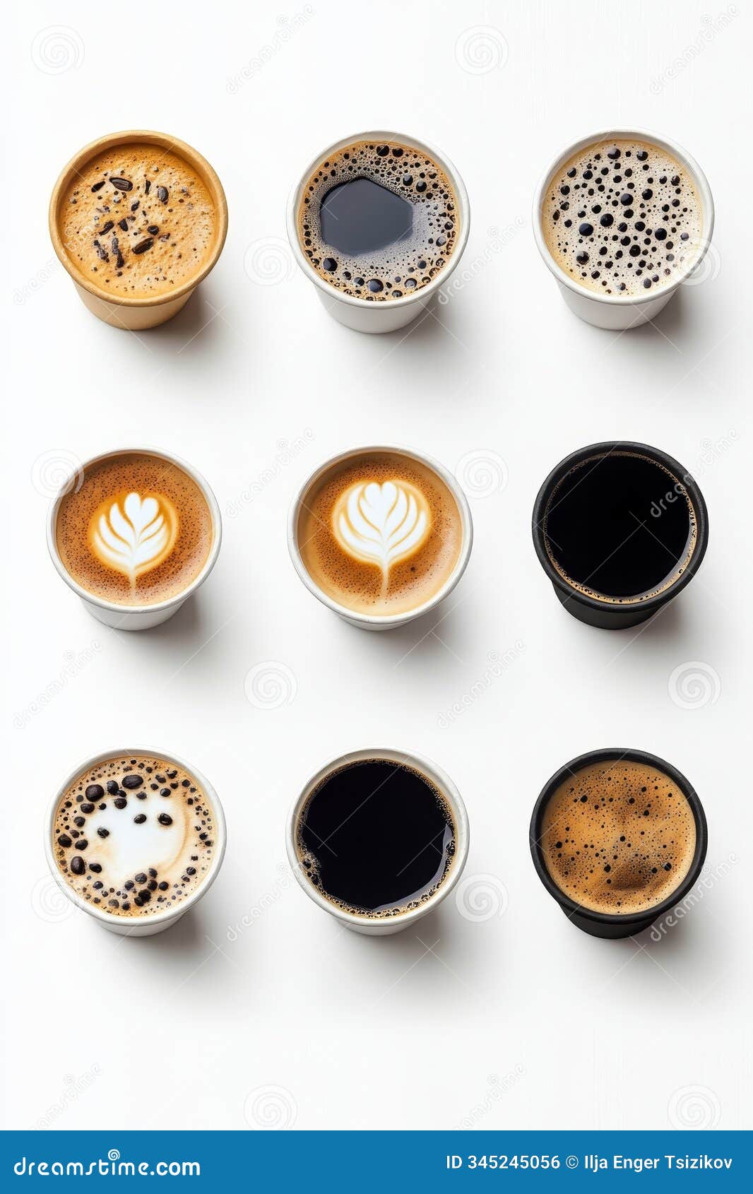 Coffee Variety. Nine Cups with Different Coffee Drinks, Top View ...