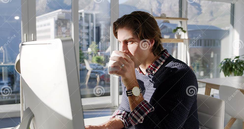 Coffee, Web Designer or Man on Computer for Research for Creative Website and Digital Footprint ...