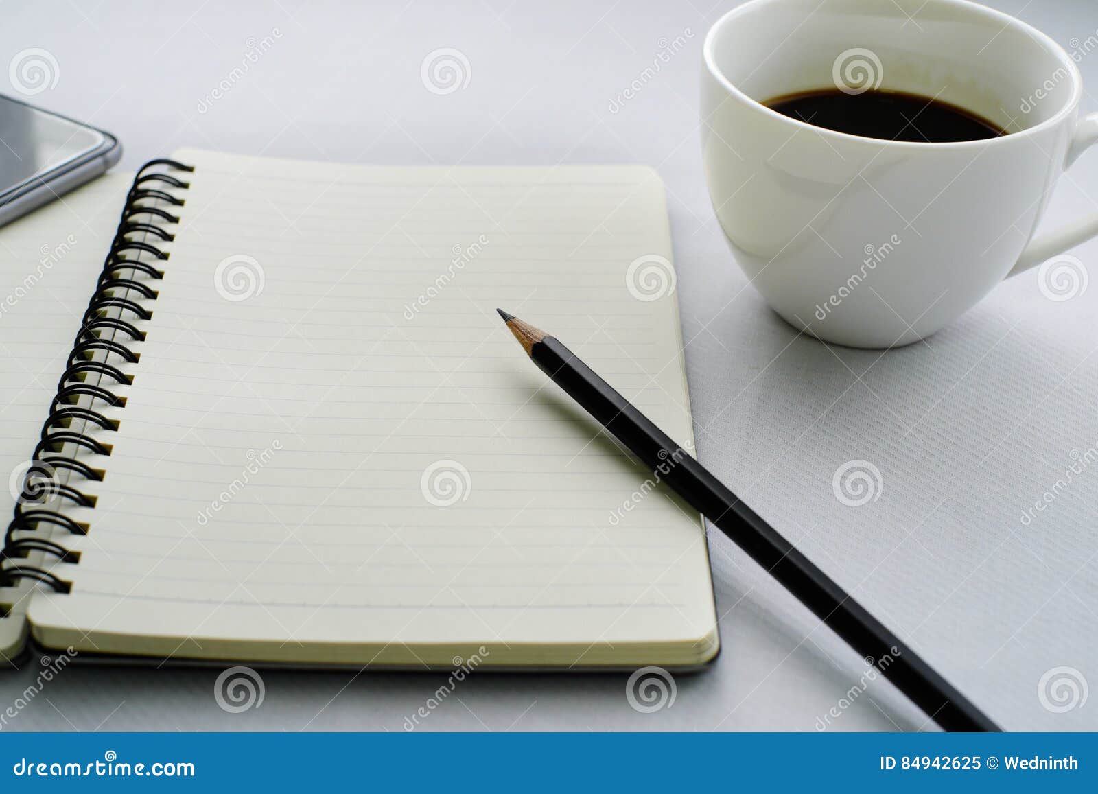 Coffee in White Cup with Journal Book and Pencil Stock Image - Image of ...