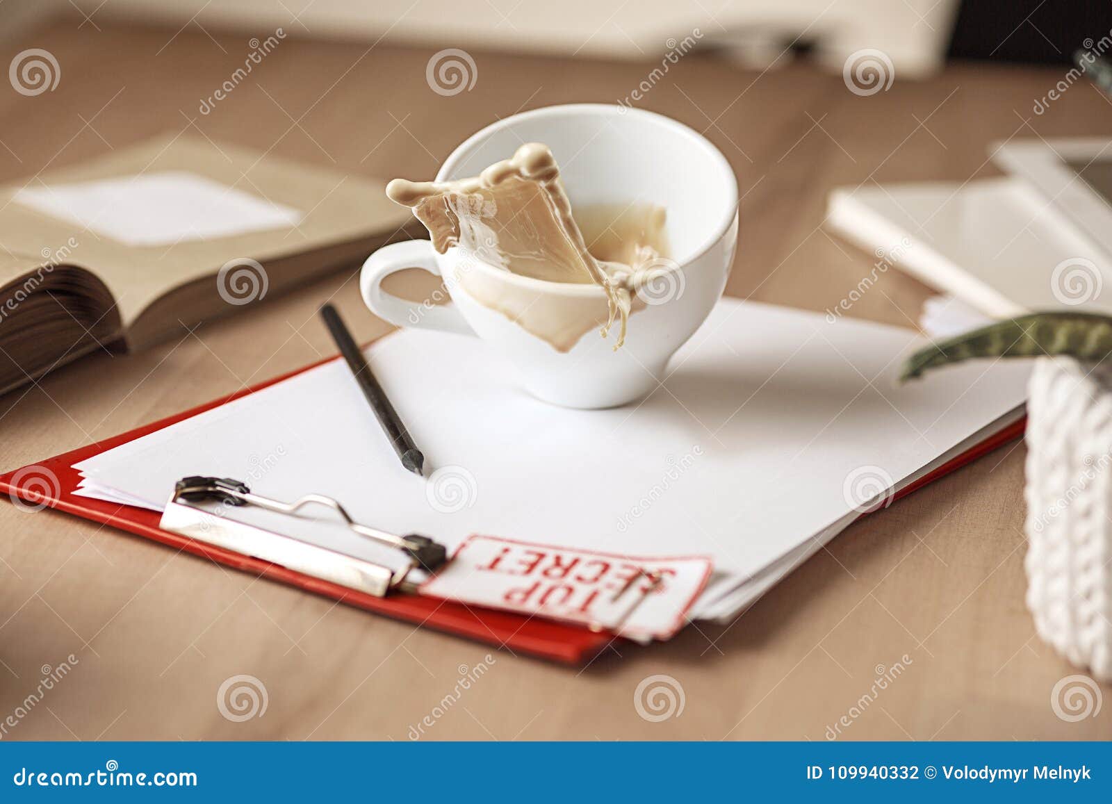 Coffee in White Cup Spilling on the Table in the Morning Working Day at ...