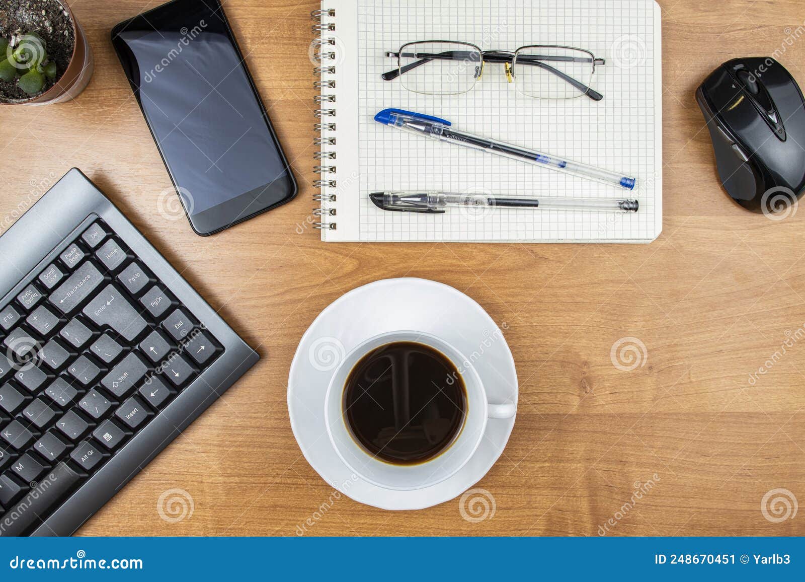 Coffee at Work, Office Desk with Computer Keyboard and Office Supplies ...