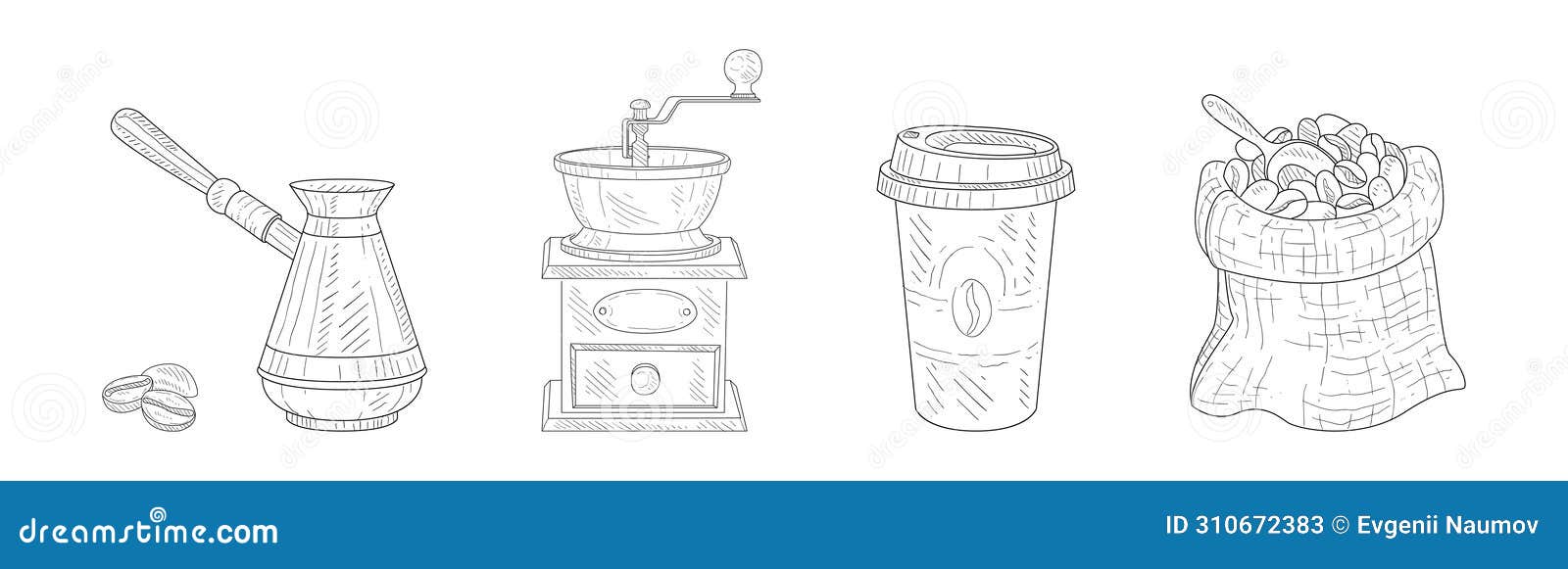 Coffeeshop Linear Object And Item Drawing Vector Set | CartoonDealer ...