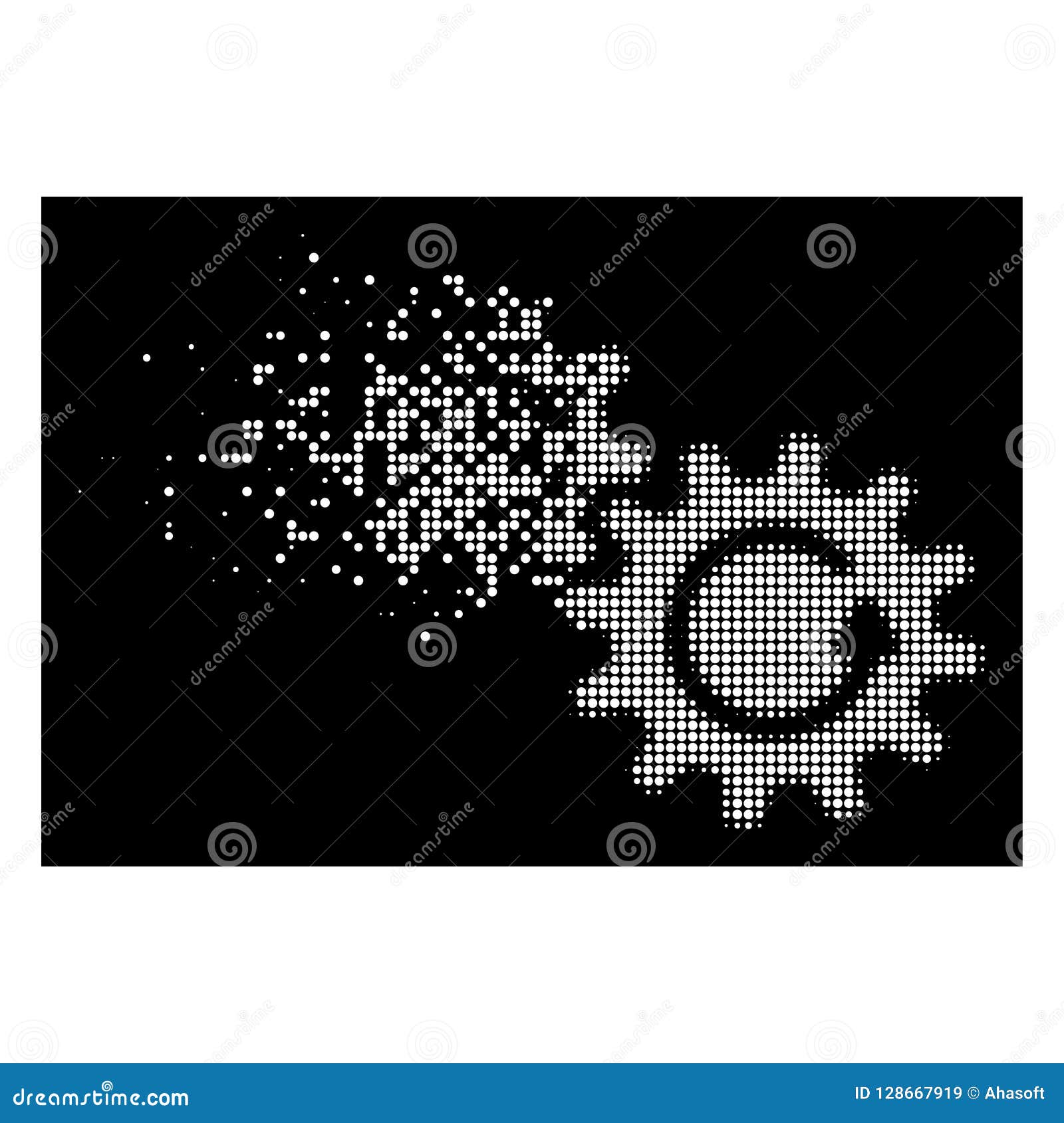 White Dust Pixel Halftone Cogs Rotation Icon Stock Vector ...