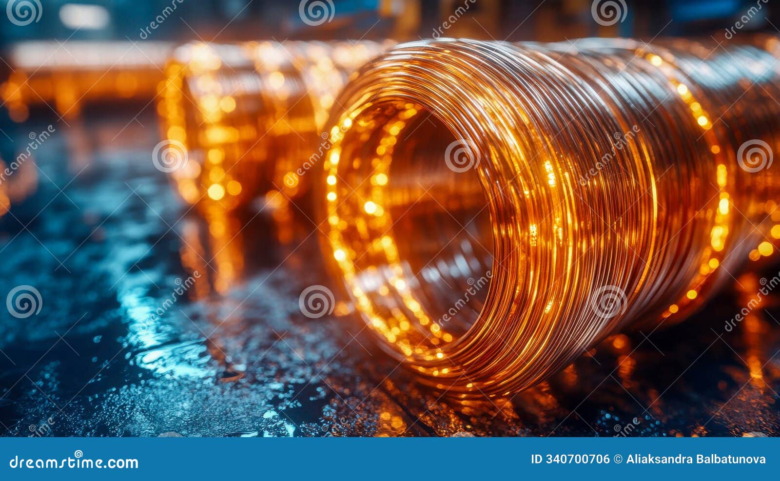 A Coil of Illuminated Orange Wire Reflects Light, Lying on a Wet ...