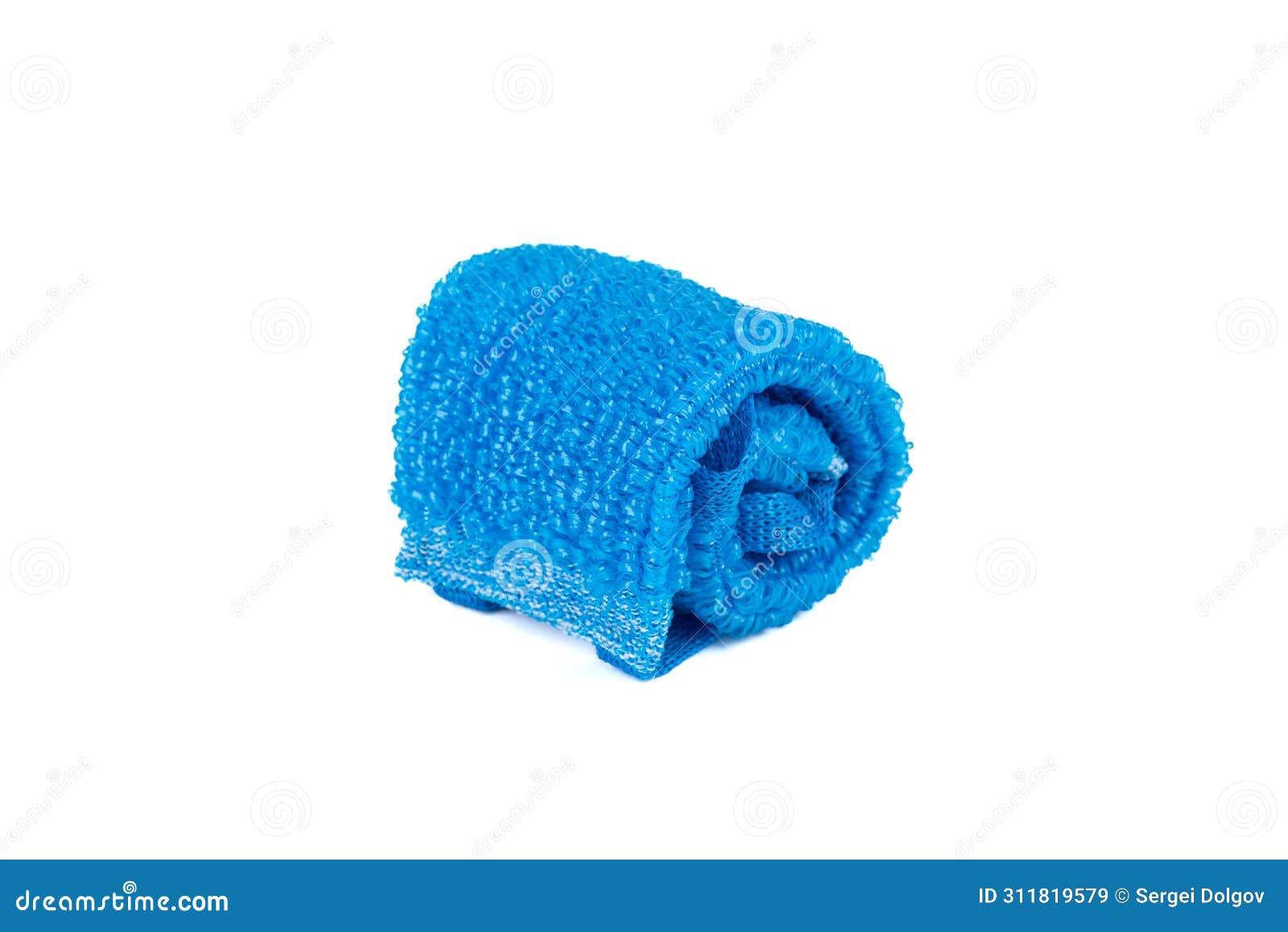 A Coiled Blue Sponge Made of Polypropylene Thread on a White Background ...