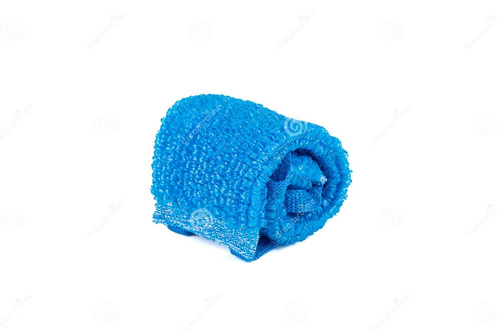 A Coiled Blue Sponge Made of Polypropylene Thread on a White Background ...
