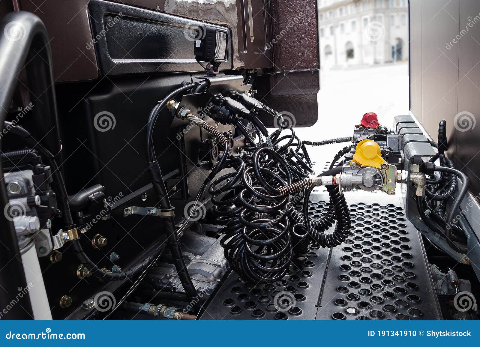 Coiled Control And Electrical Cables Connect The Cab And Semi-trailer ...