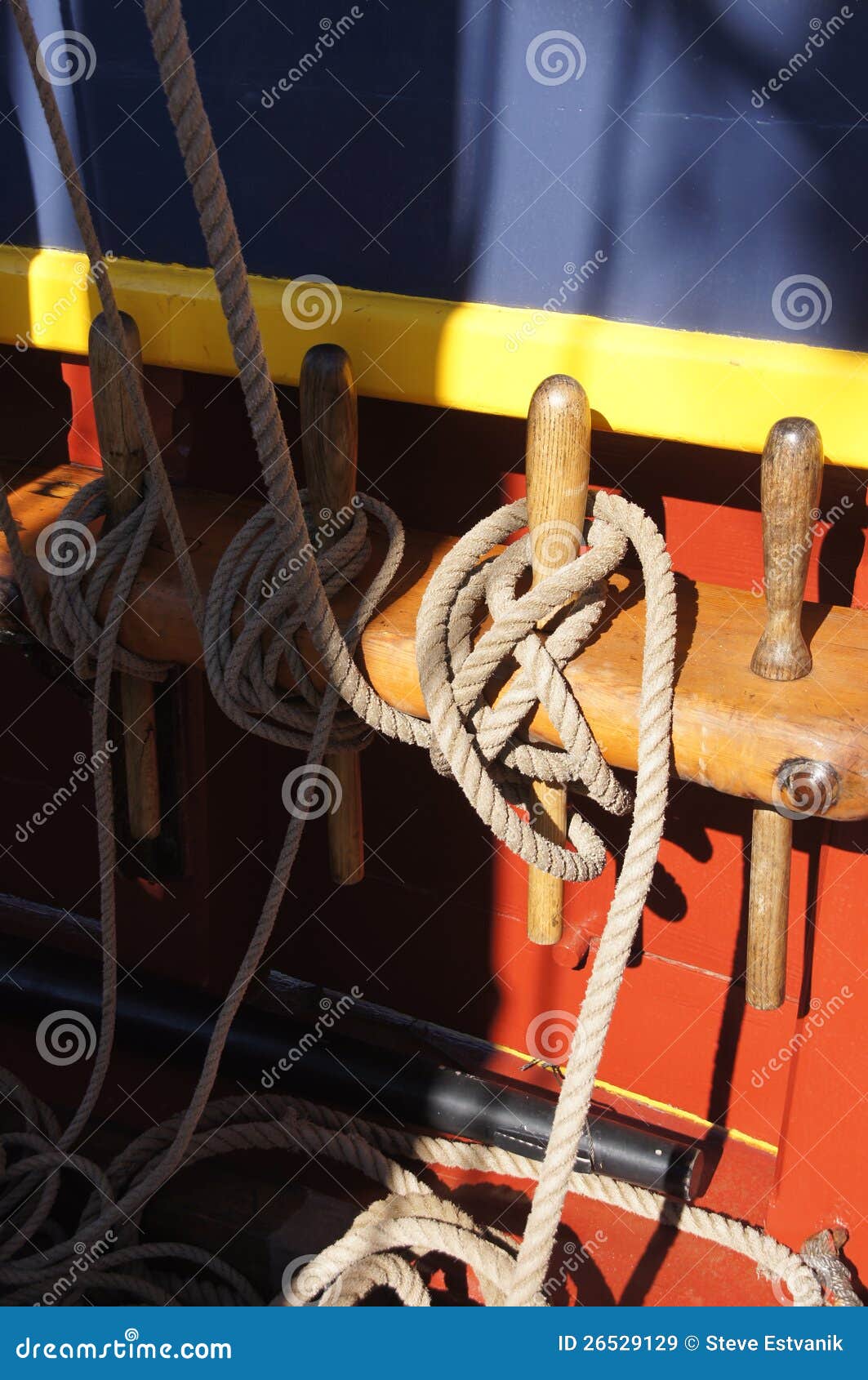 Coiled Rope Lines Stored on Belaying Pins Stock Image - Image of ...