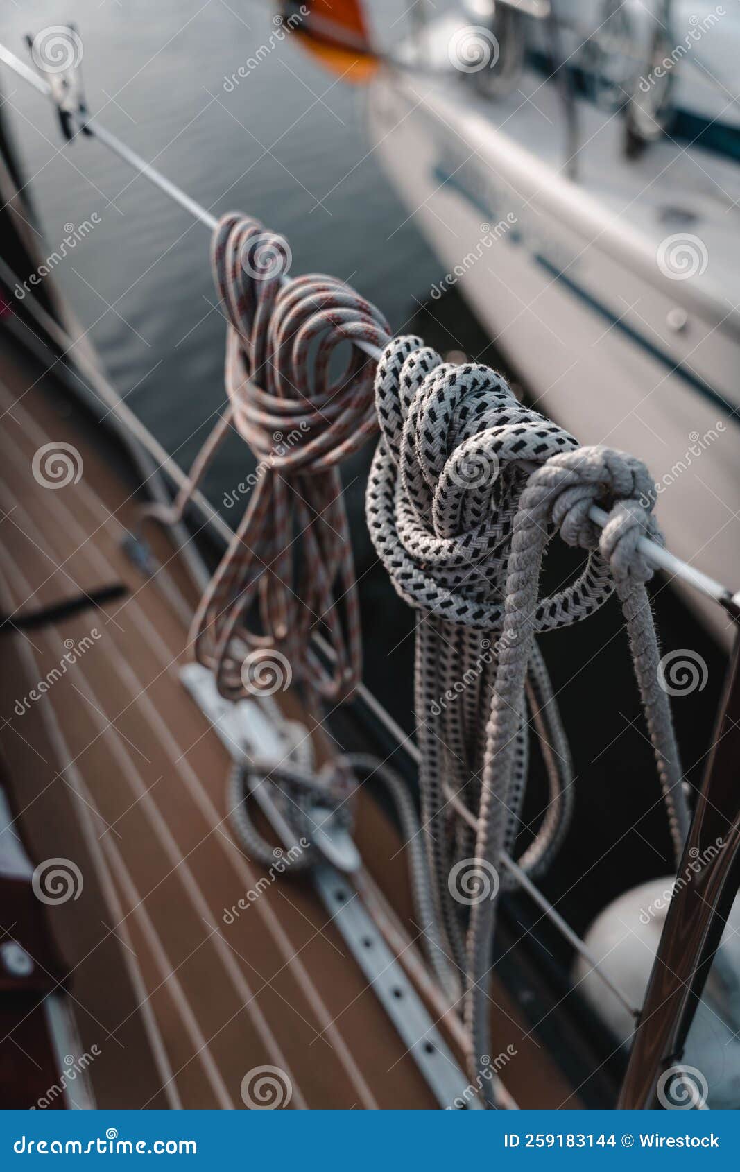 Coiled ropes on a yacht stock photo. Image of boat, transport - 259183144