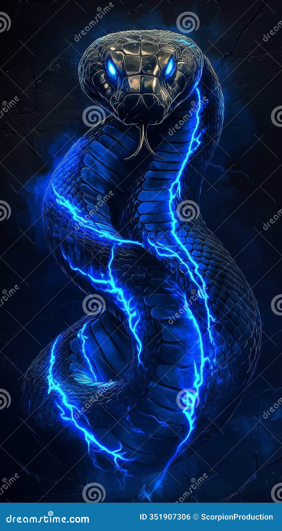 Coiled Snake with Electric Blue Lines in Dark Sci-Fi Artwork Stock ...