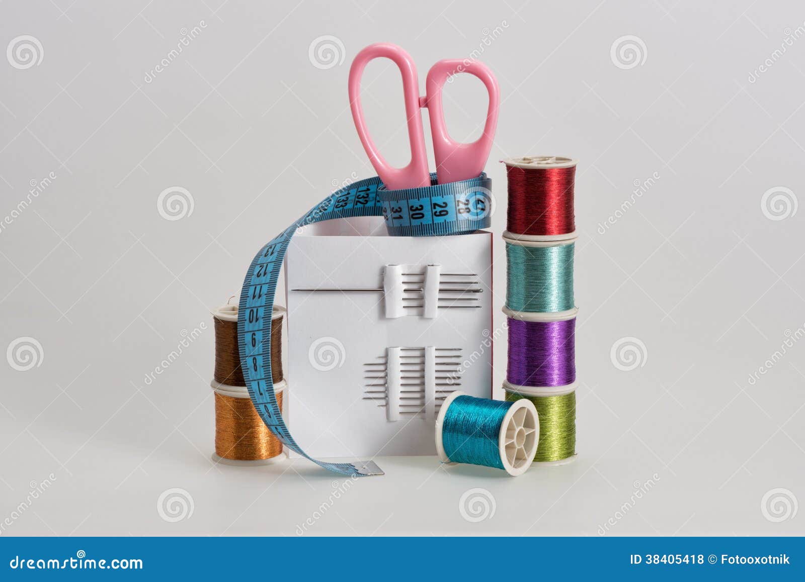 Coils with Color Threads, Sewing Needles, Scissors Stock Photo - Image ...