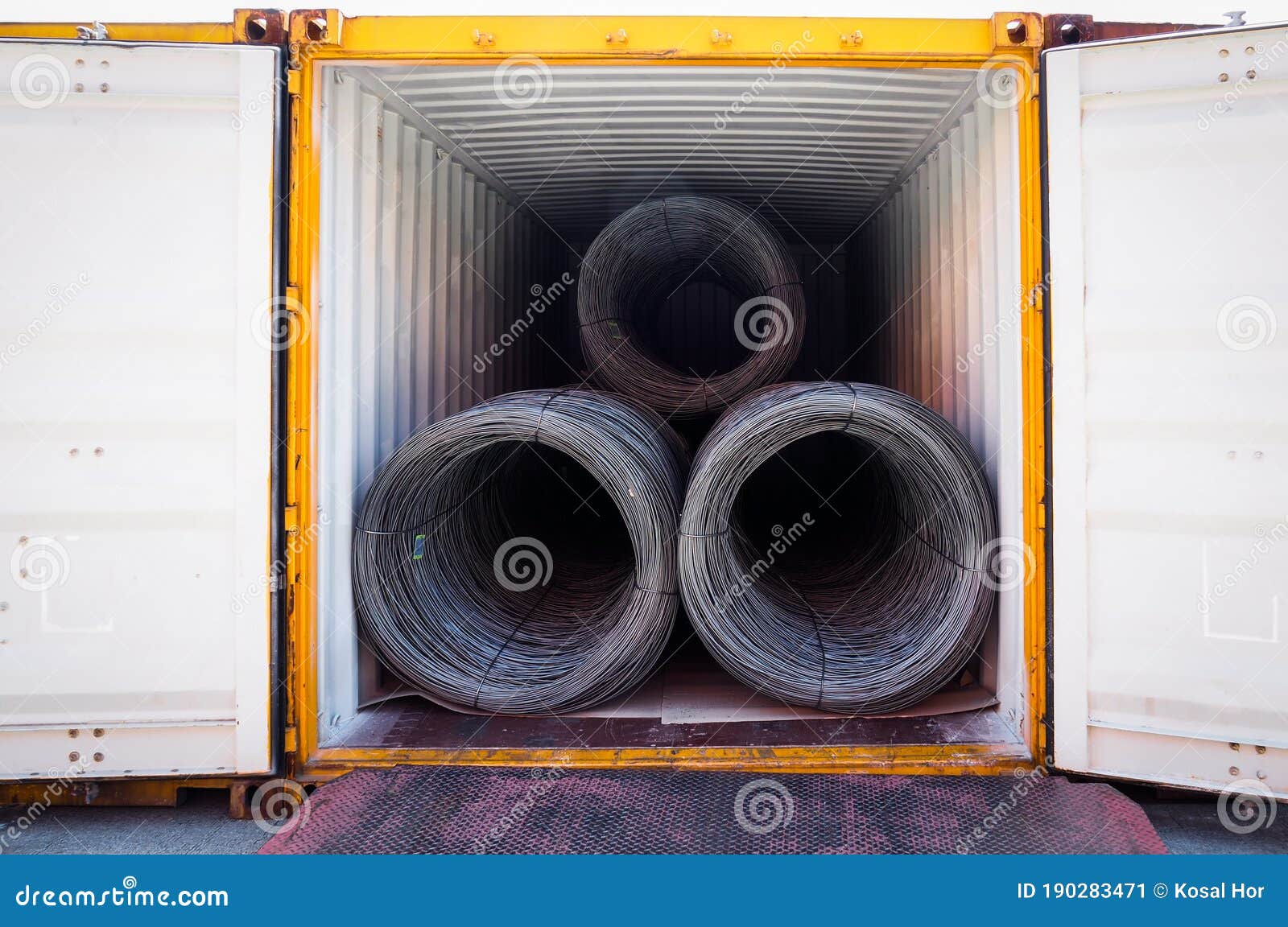 Coils of Steel Wire Rod Stuffed Inside Container. Container Open for ...