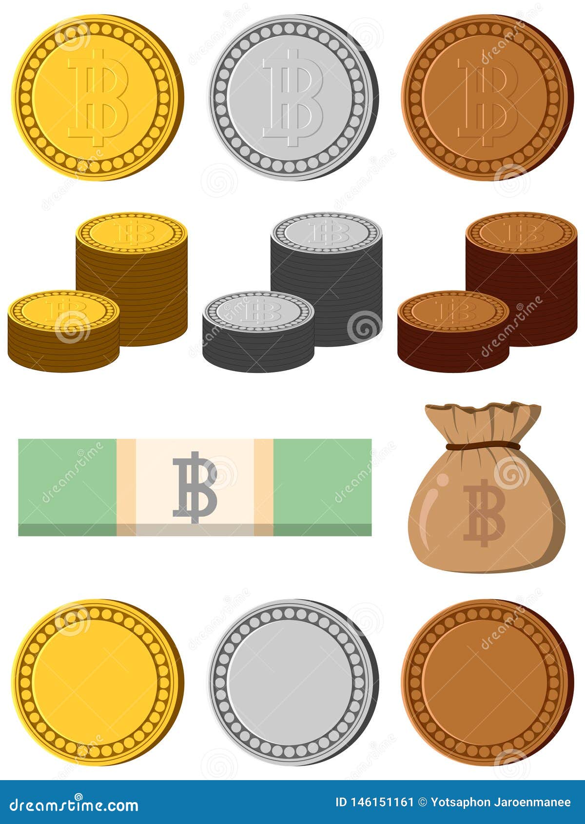 Low Relief Golden Silver Bronze Stack of Coins Bag Baht Stock Vector ...