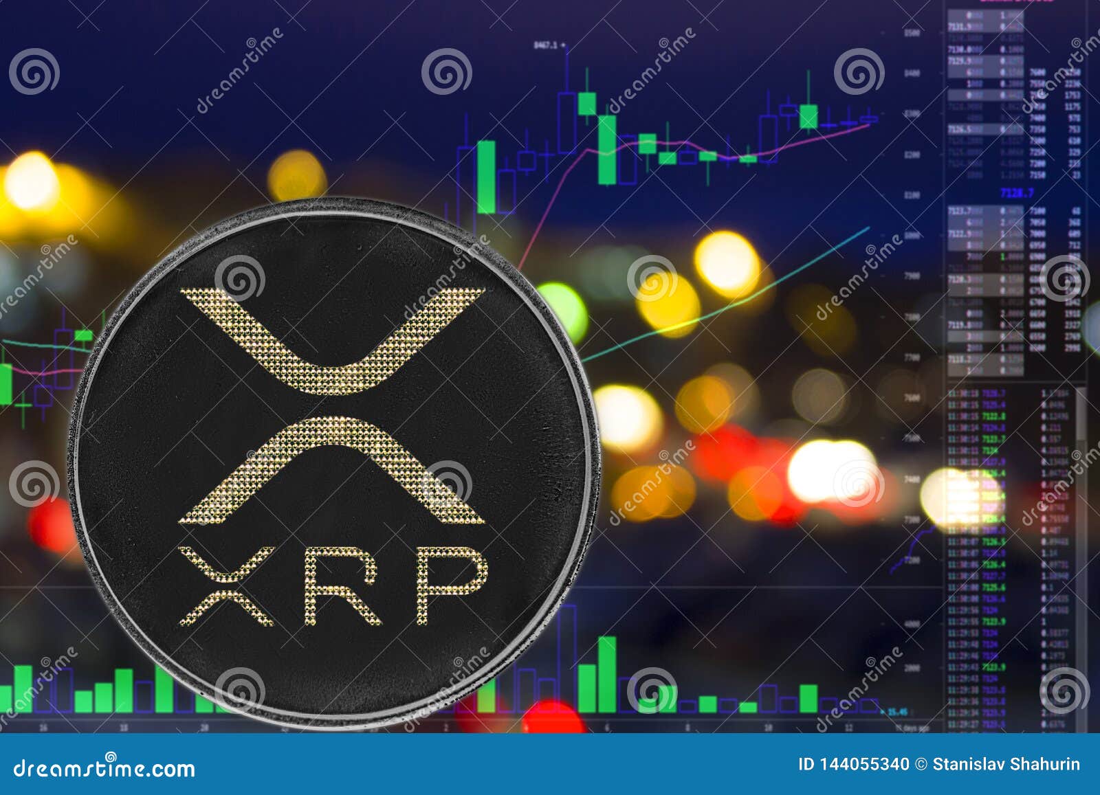Coin Cryptocurrency Ripple on Night City Background and Chart. Stock ...