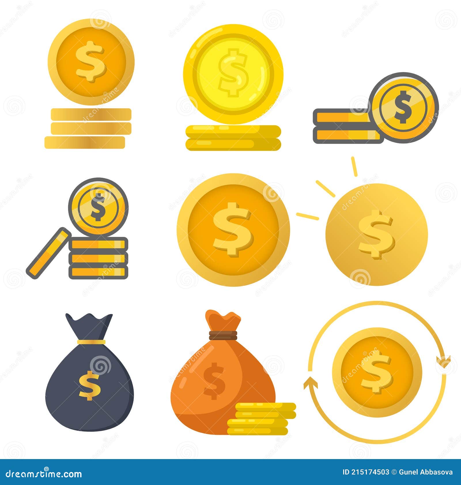 Coin Vector Illustration Set, Coins with Money Pouch Flat Icon Stock ...