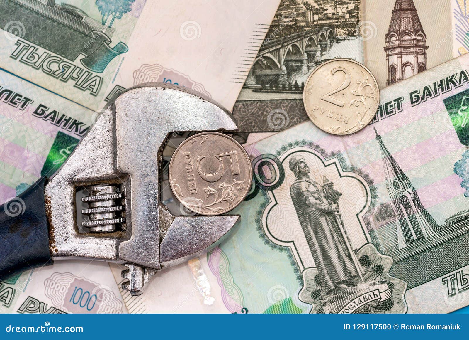 Coin in Vise with Ruble Banknotes. Stock Photo - Image of decline ...
