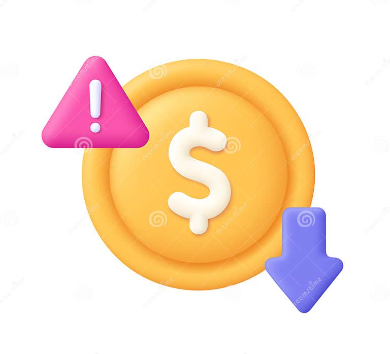 Coin with Warning Sign and Arrow Down. Money Decrease, Falling Value ...