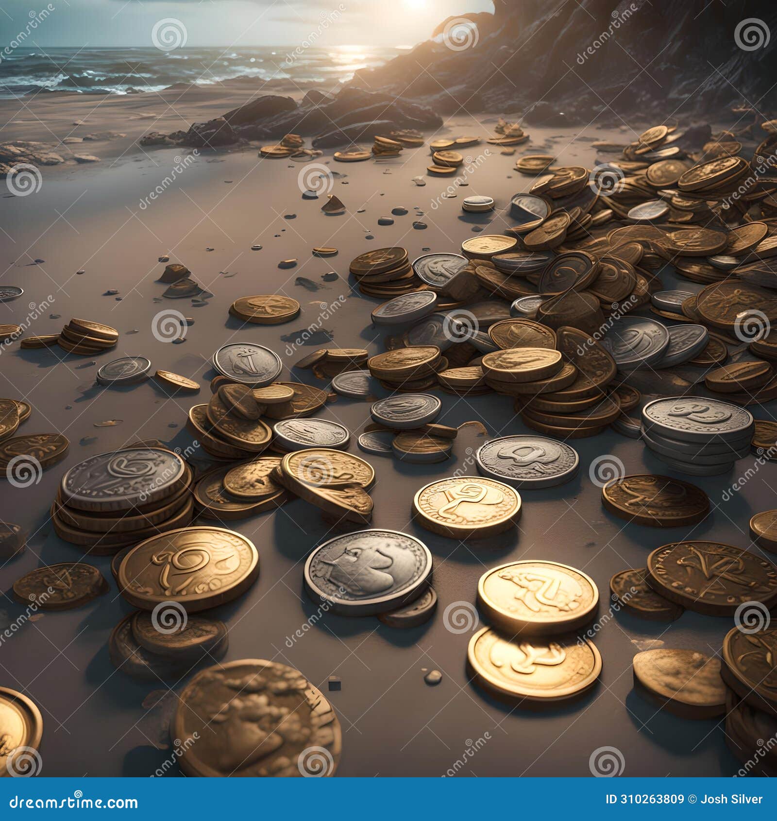 Coins all over the beach stock image. Image of beach - 310263809