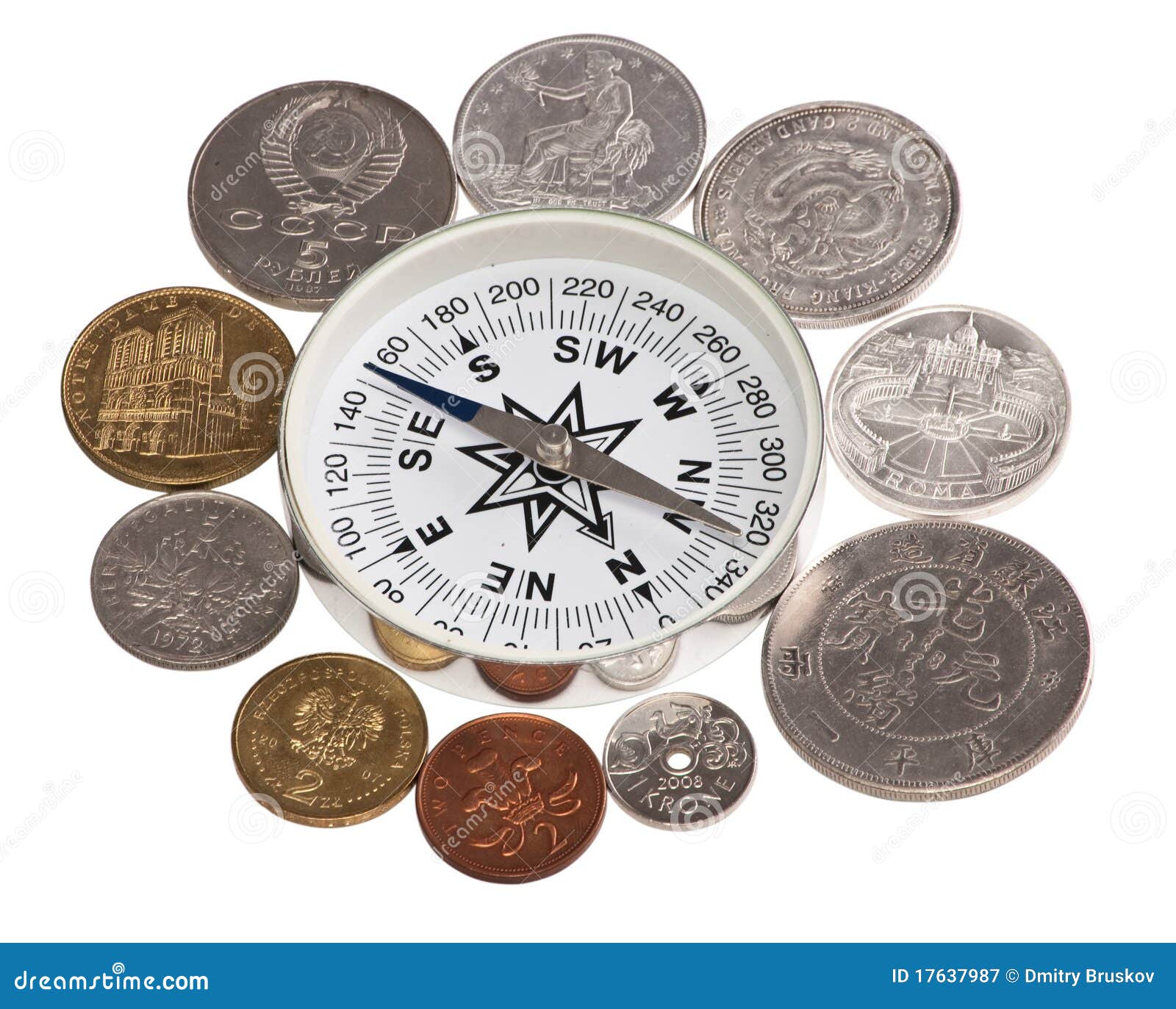 Coins around the compass stock image. Image of financial - 17637987