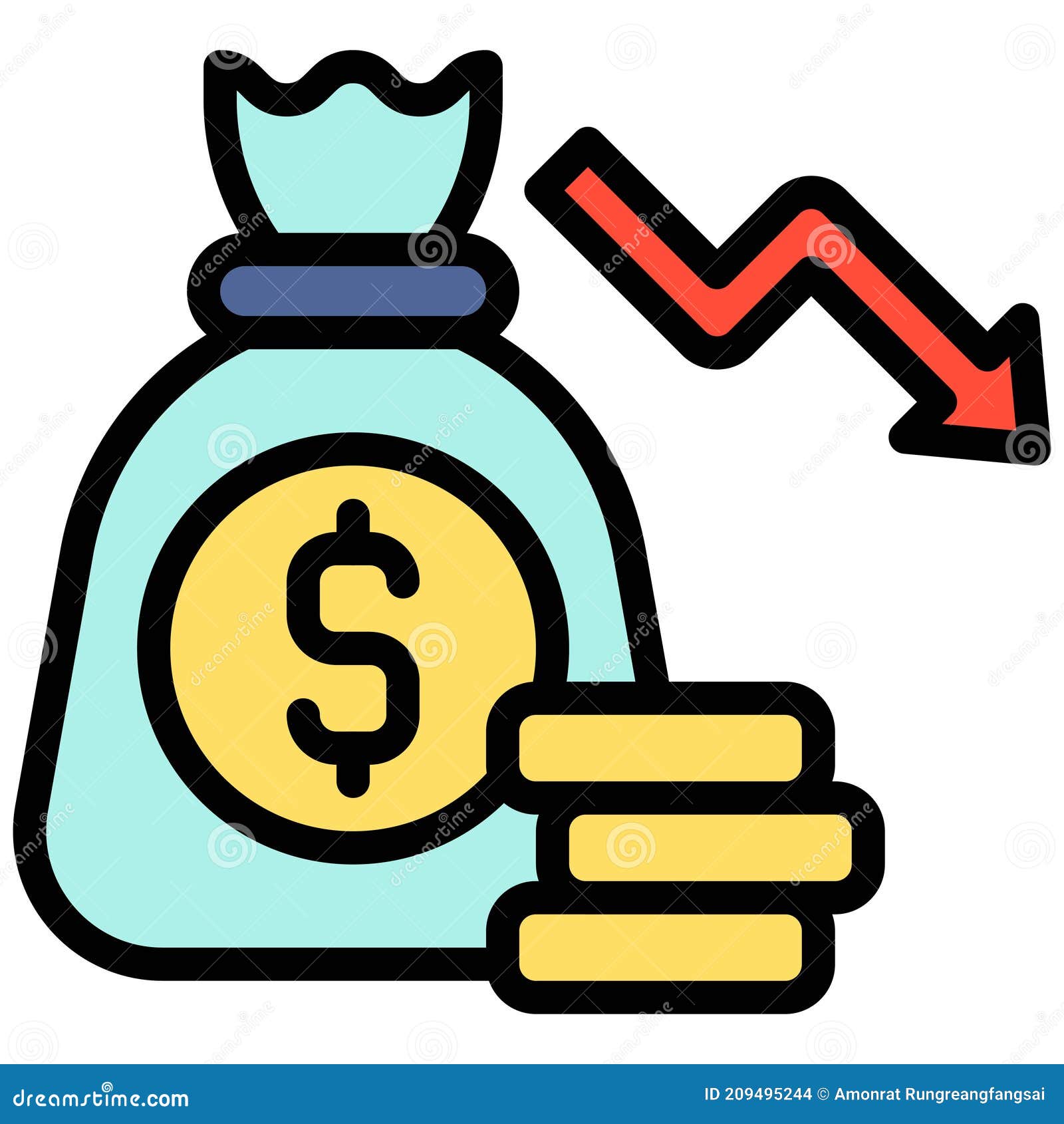 Coins Bag with Decrease Arrow Icon, Bankruptcy Related Vector Stock Vector - Illustration of ...