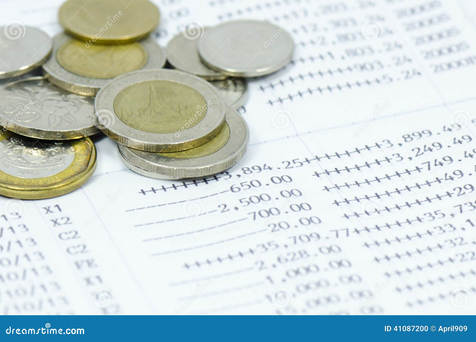 Coins on bank statement stock photo. Image of cash, accounting - 41087200