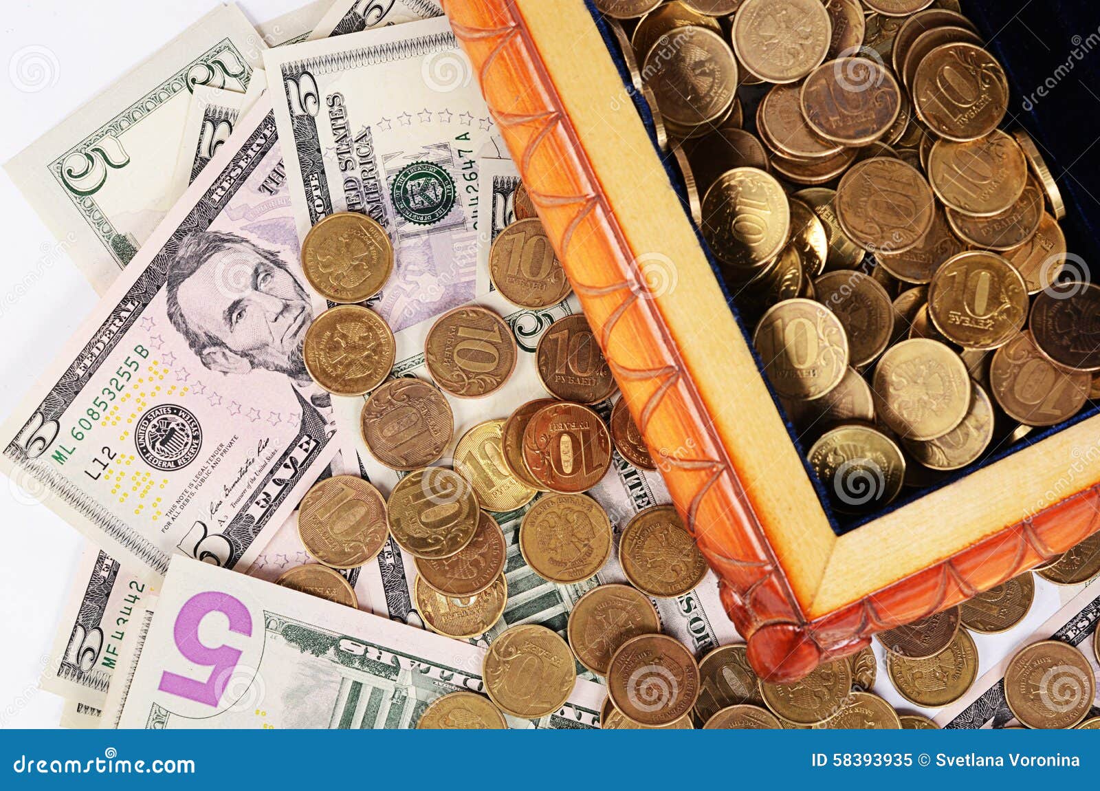 Coins and Banknotes in the Box Stock Image - Image of background, coins ...