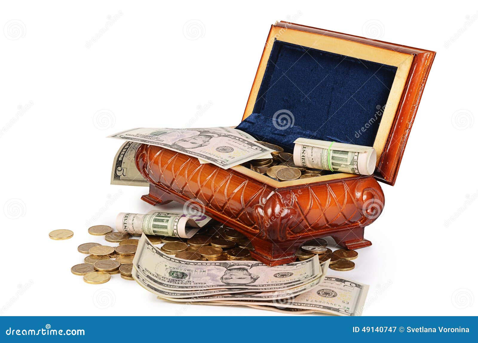 Coins and Banknotes in the Box Stock Image - Image of bank, pirates ...