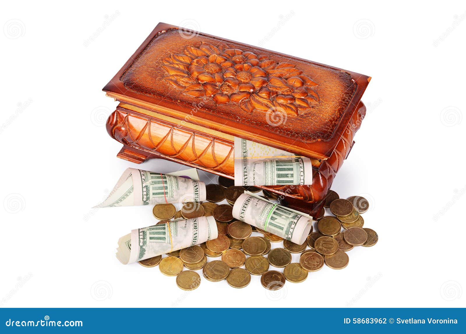 Coins and Banknotes in the Box Stock Photo - Image of mystery ...