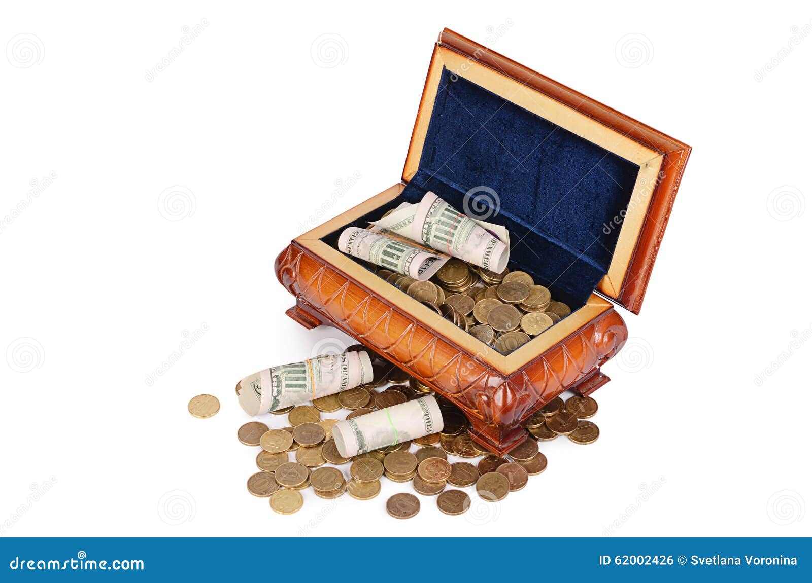 Coins and Banknotes in the Box Stock Photo - Image of banknote, brown ...