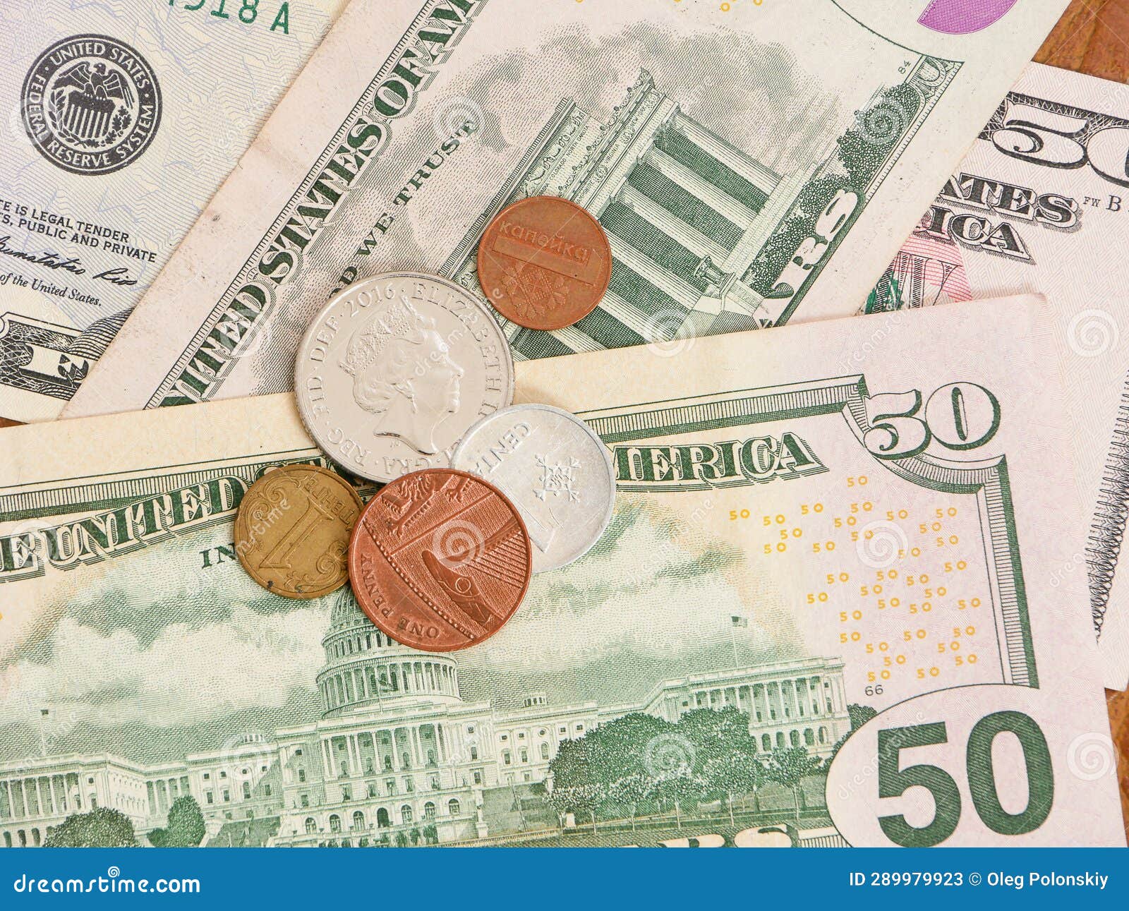 Coins and Banknotes Top View Close-up. Stock Image - Image of debt ...