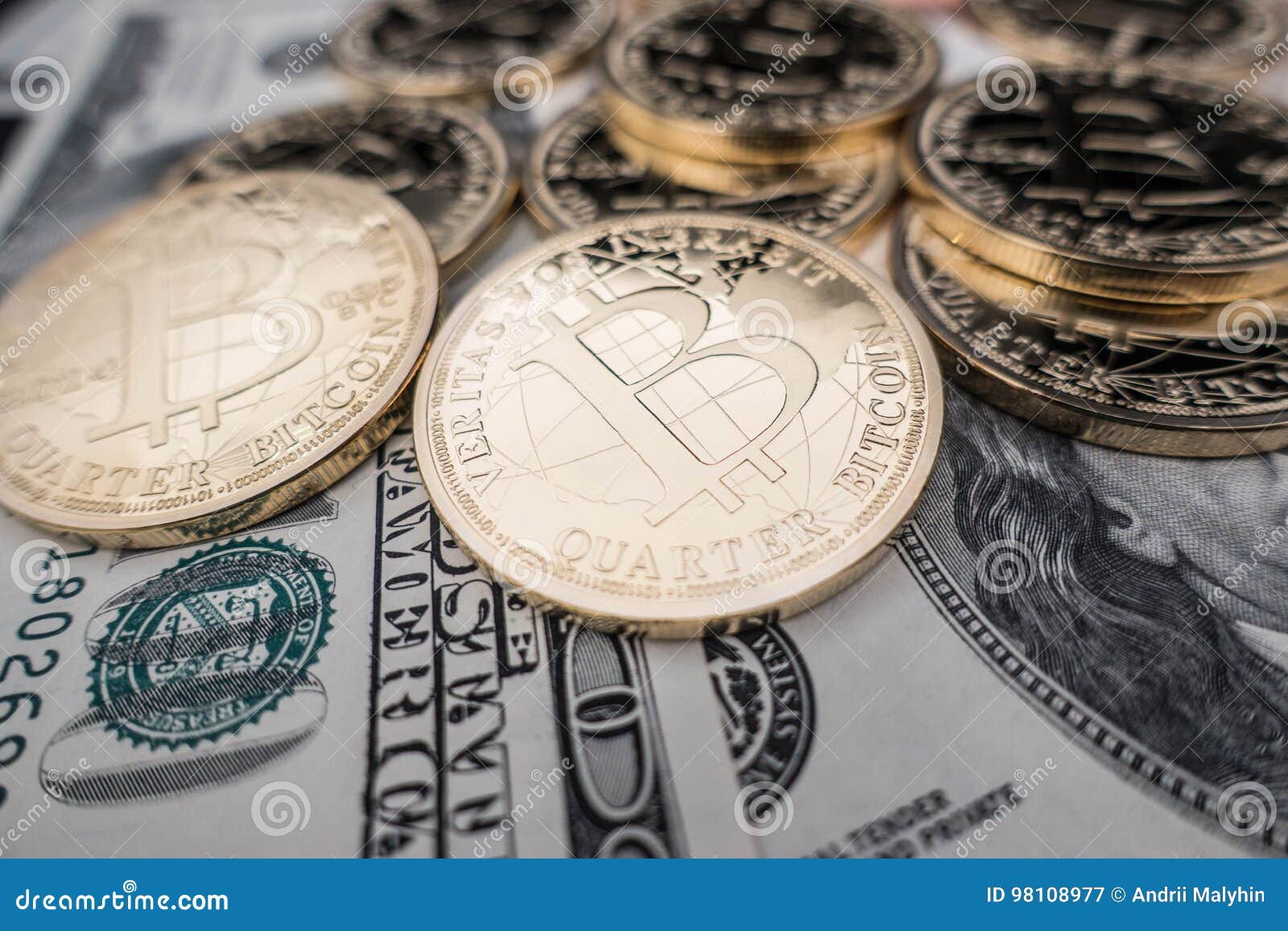 Coins of Bitcoin on Dollar Notes Stock Image - Image of footage, money ...
