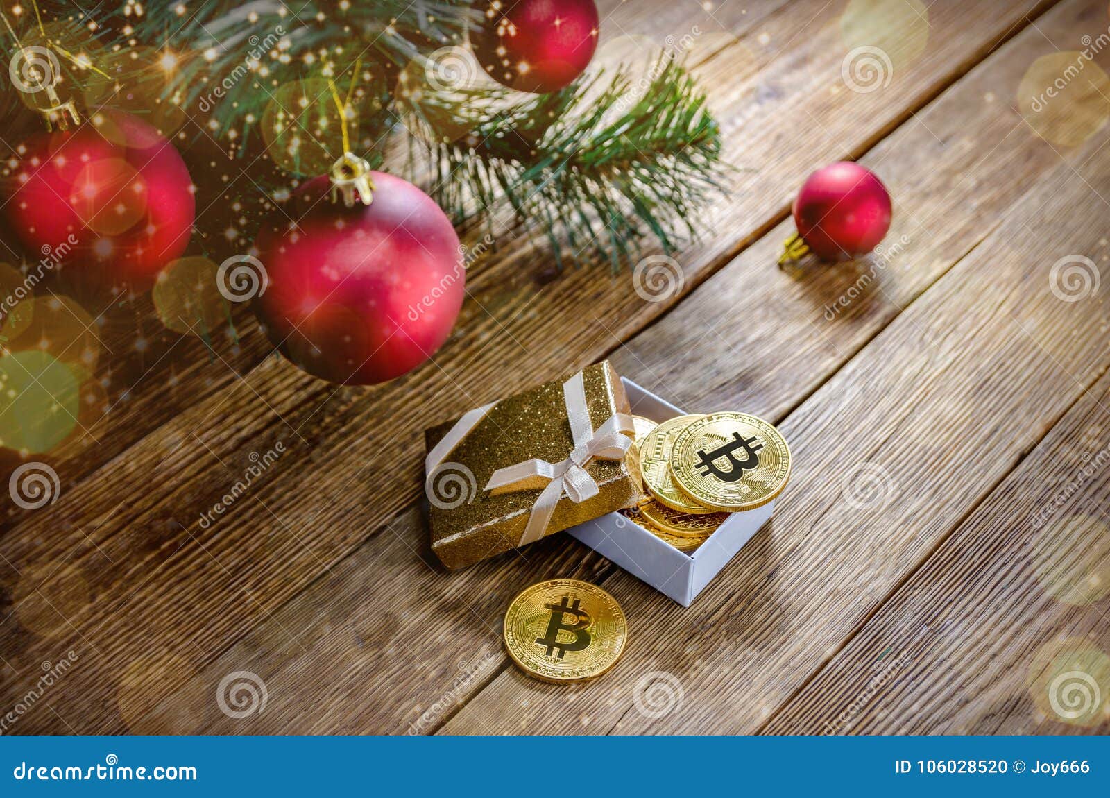 Coins Bitcoin Lie in a Box Under the Christmas Tree Branch Decor Stock ...