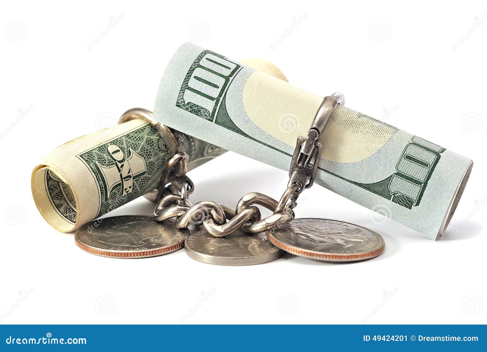 $ 100, and $ 1 Coins and Chains Stock Image - Image of dollar, debt ...
