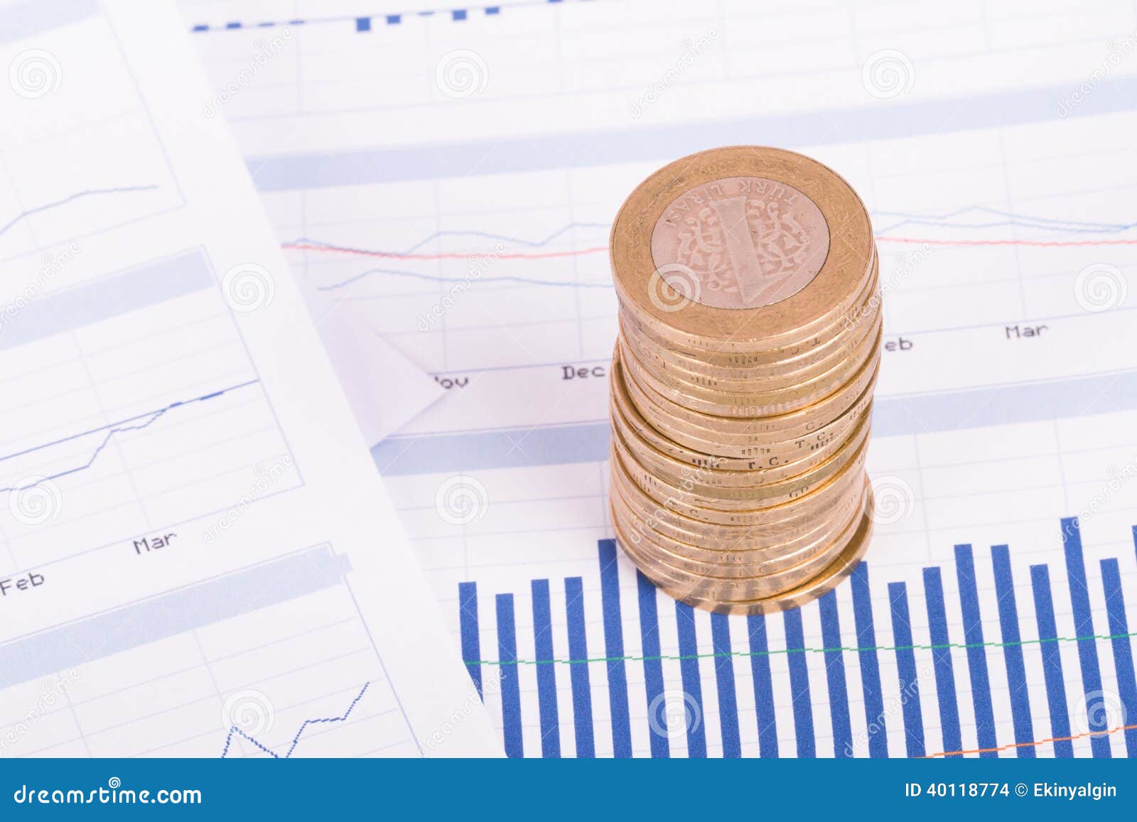 Coins on Chart Graphs and Financial Data Stock Photo - Image of profit ...