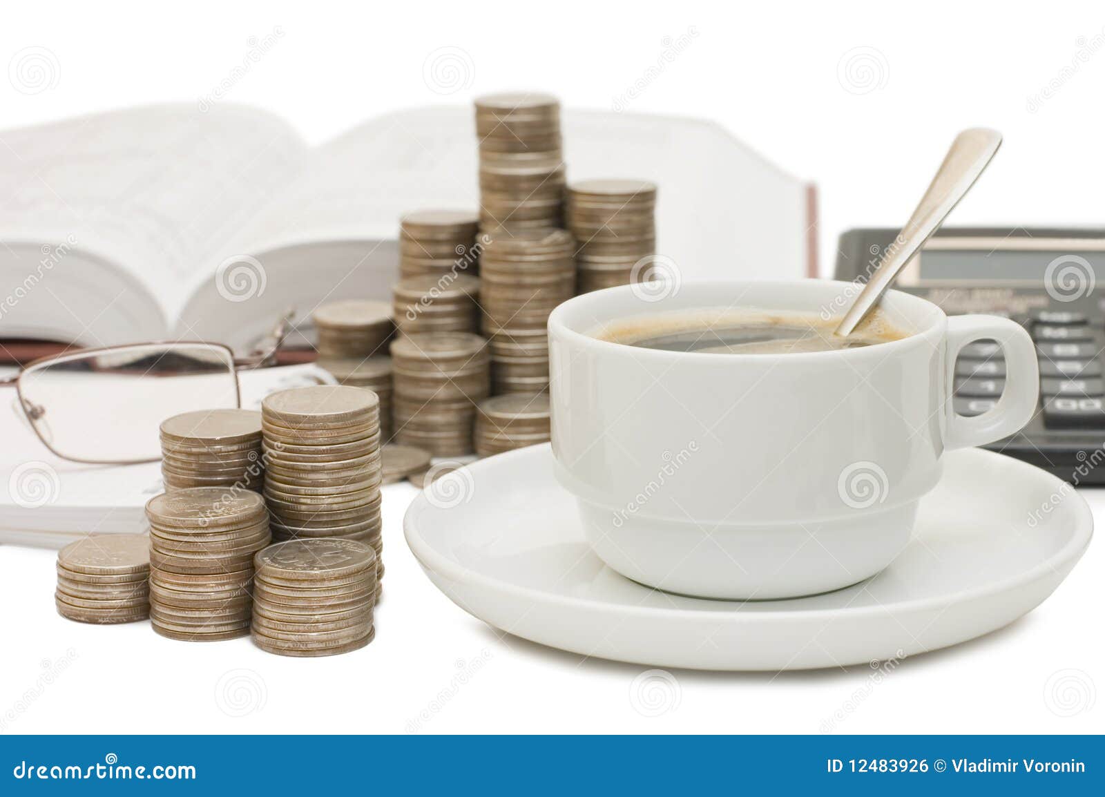 Coins, Coffee and the Calculator Isolated on White Stock Photo - Image ...