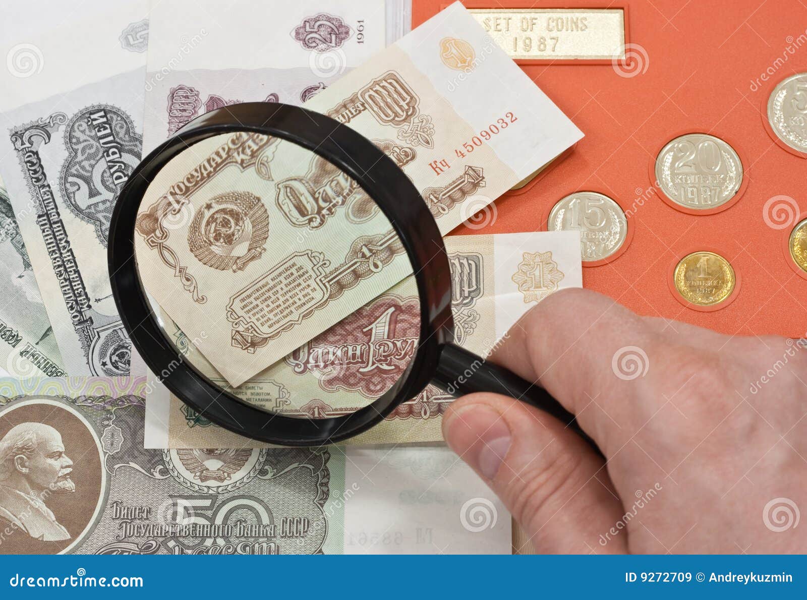Coins with Collector S Hand and Magnifying Glass Stock Image - Image of ...