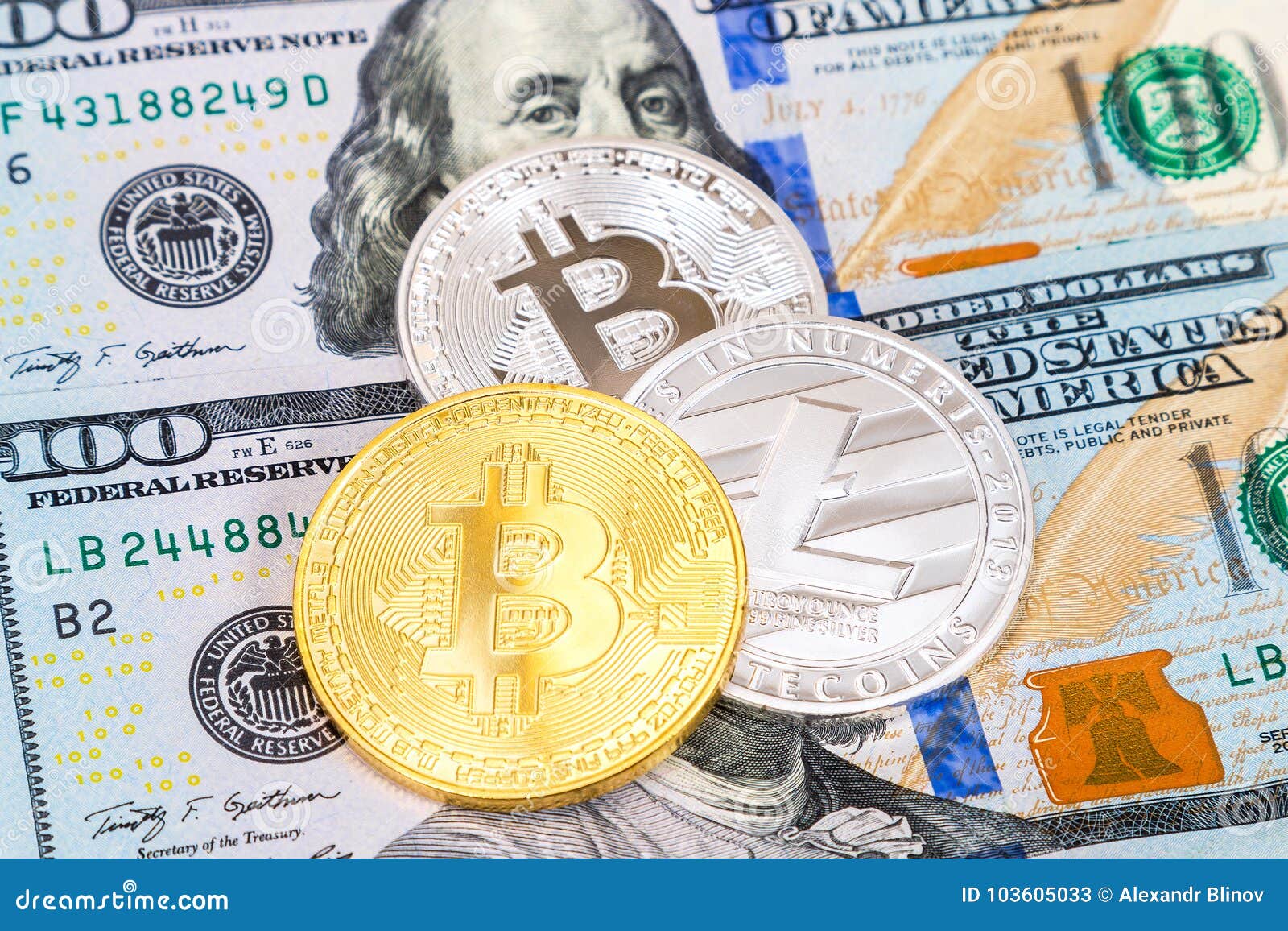 Coins of Cryptocurrency Lying Over One Hundred American Dollar B Stock ... Coins of Cryptocurrency Lying Over One Hundred American Dollar B Stock ...