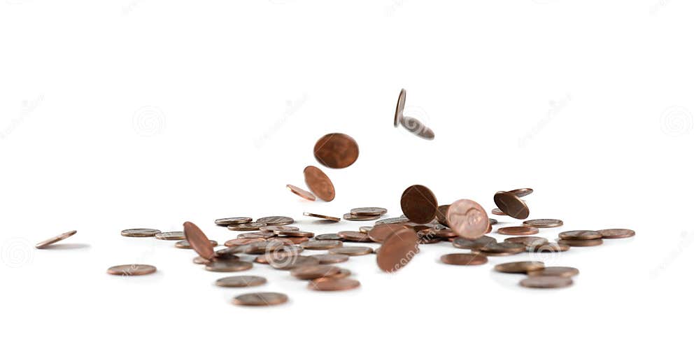 Coins Falling Down into Pile on White Stock Photo - Image of coins ...