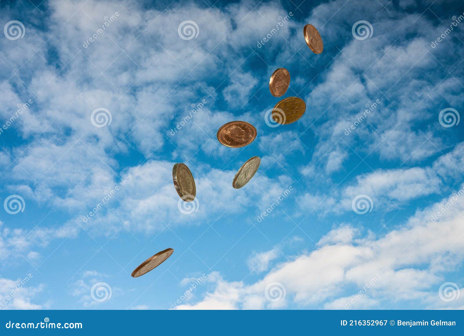 Coins falling from the sky stock image. Image of profit - 216352967