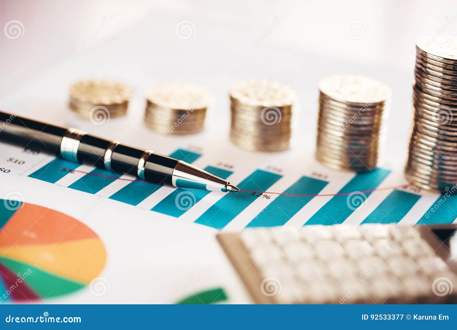 Coins with financial chart stock image. Image of paper - 92533377