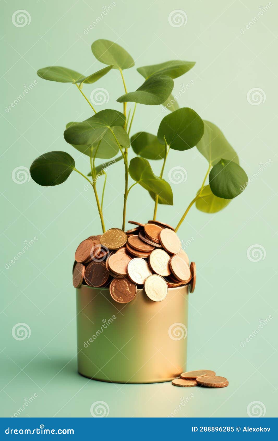 Coins in Flower Pot with Two Leaves Growing AI Generated Stock ...