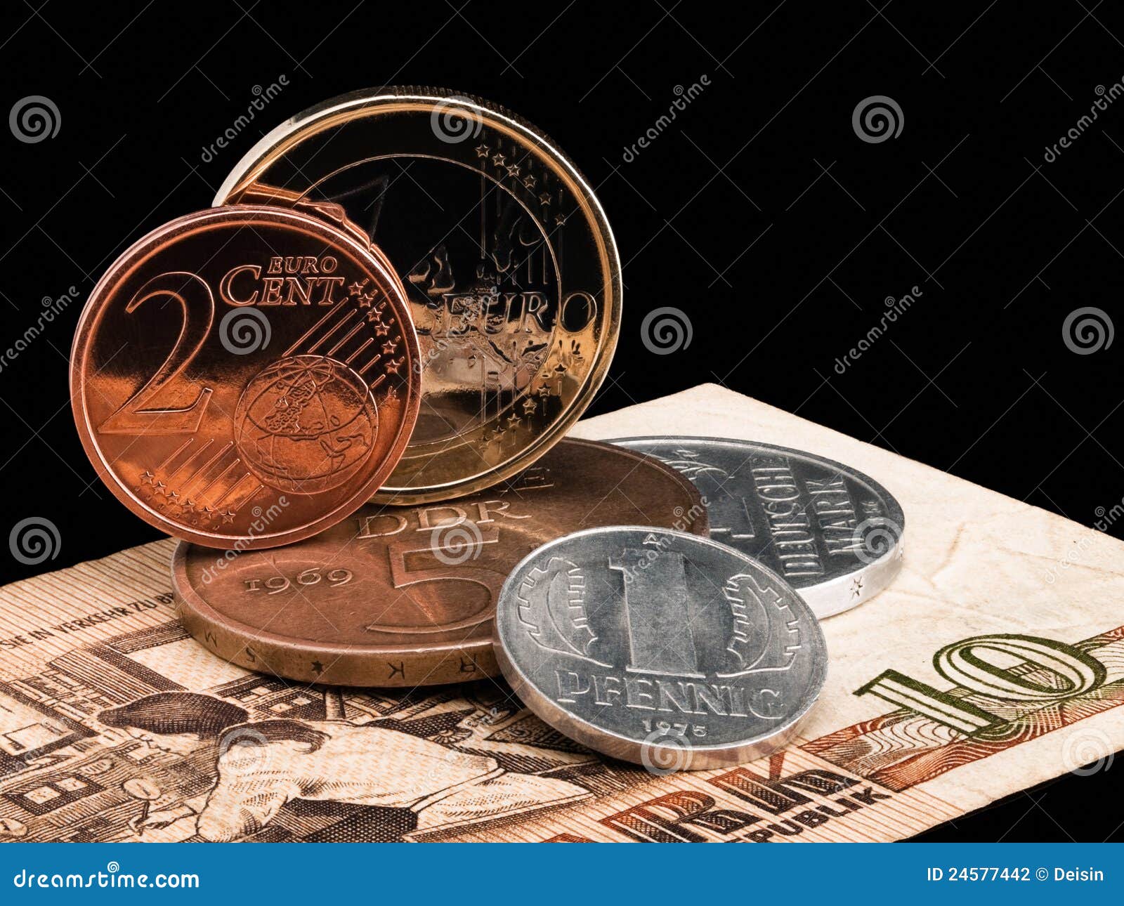 Coins of GDR (DDR) and the European Union. Stock Photo - Image of cent ...