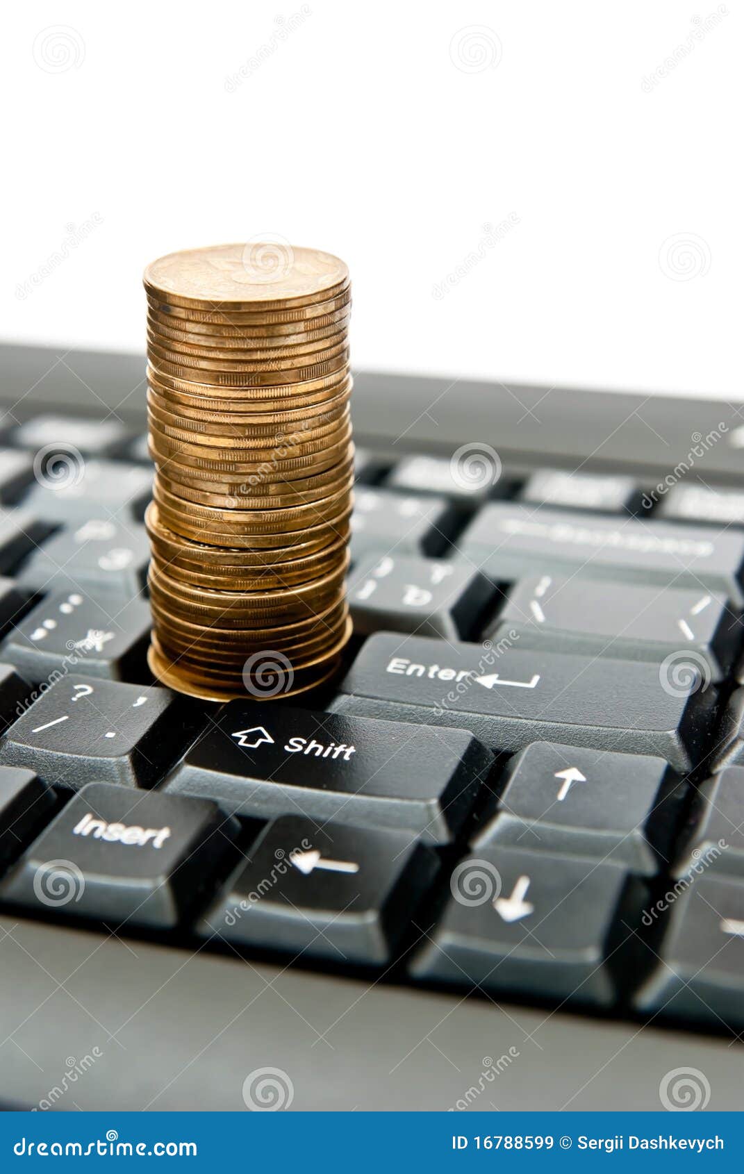 Coins on keyboard stock image. Image of gold, keyboard - 16788599