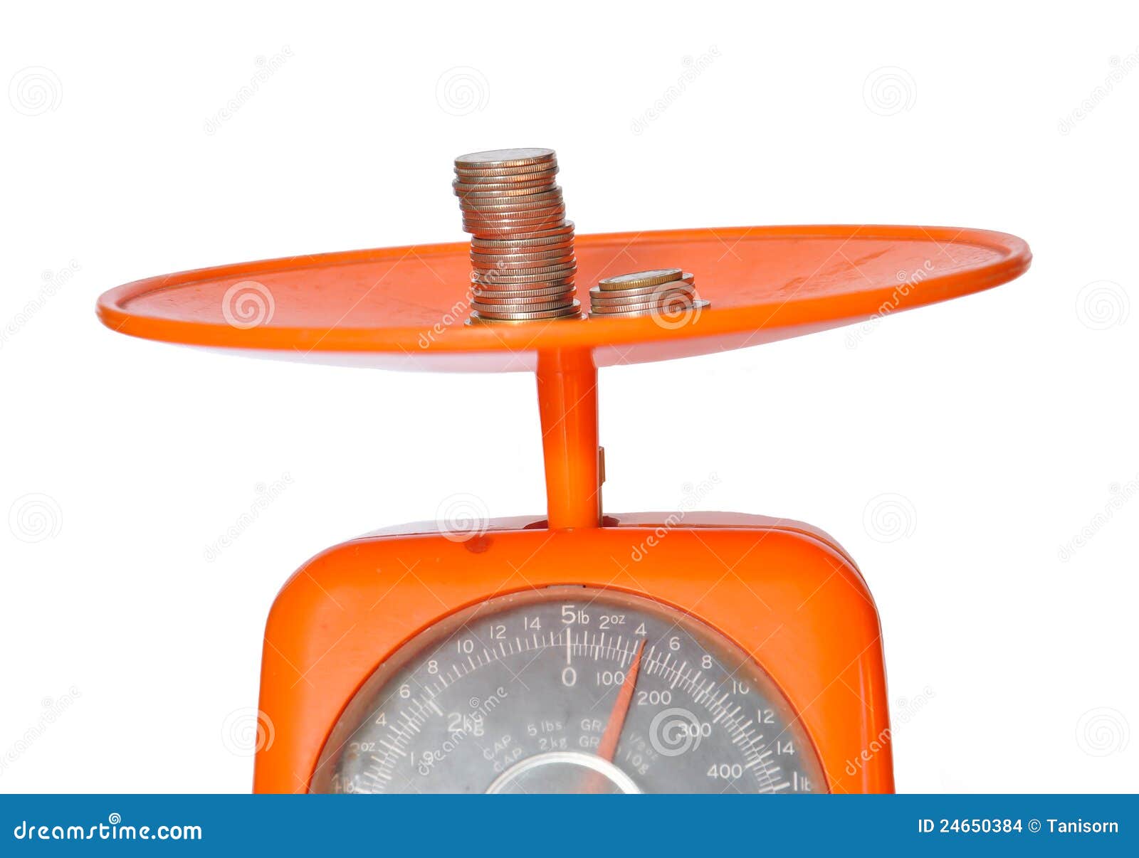 Coins on Kitchen Scales Isolated on White Stock Photo - Image of ...