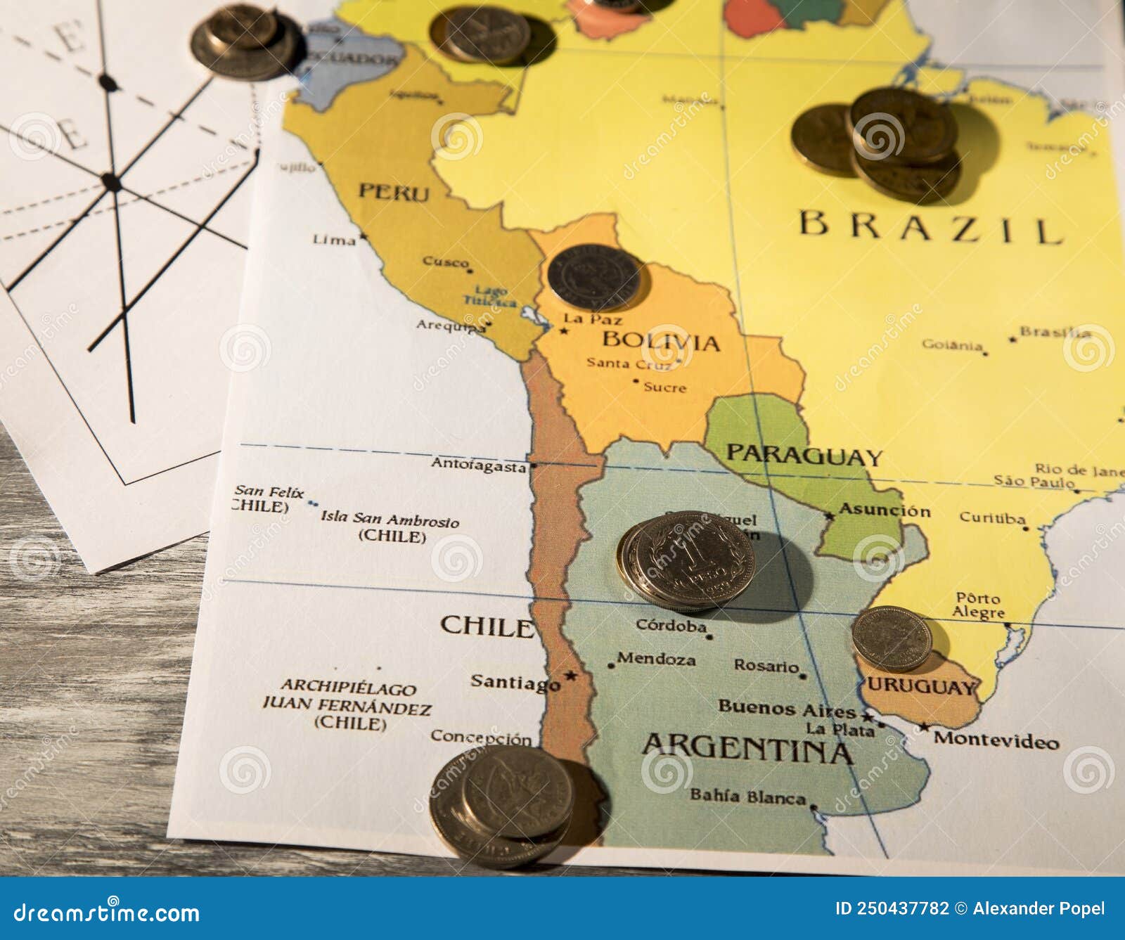 Coins Lying on the Map of South America Stock Photo - Image of ...
