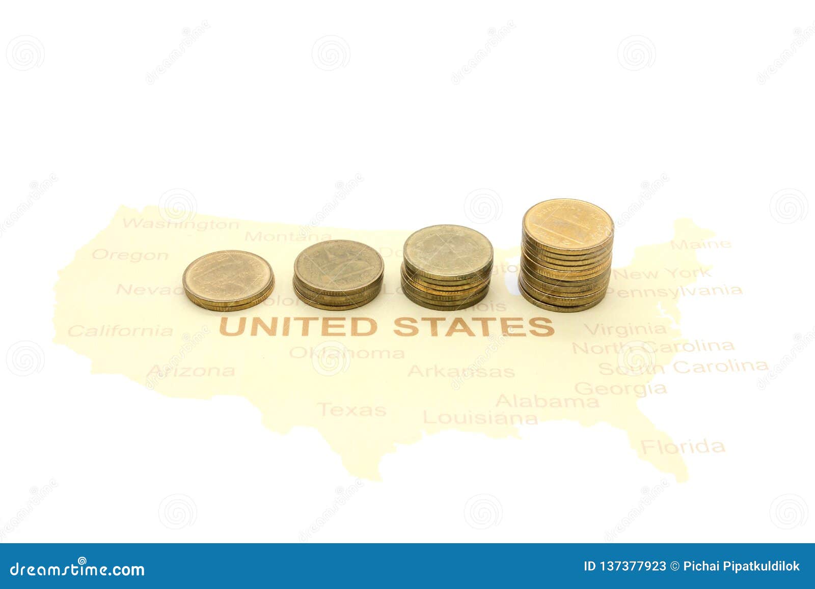 Coins on map American stock image. Image of american - 137377923